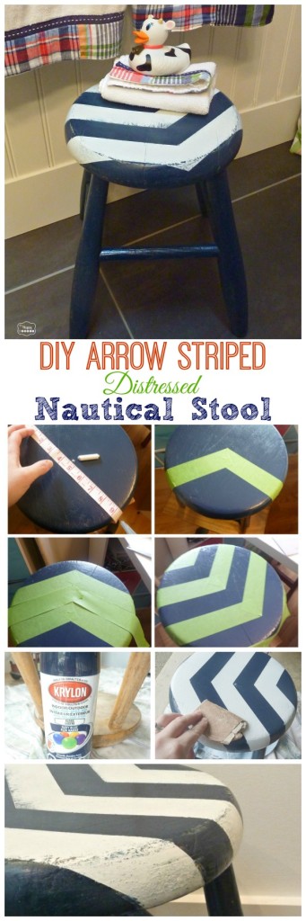 DIY Arrow Striped Distressed Nautical Stool | The Happy Housie