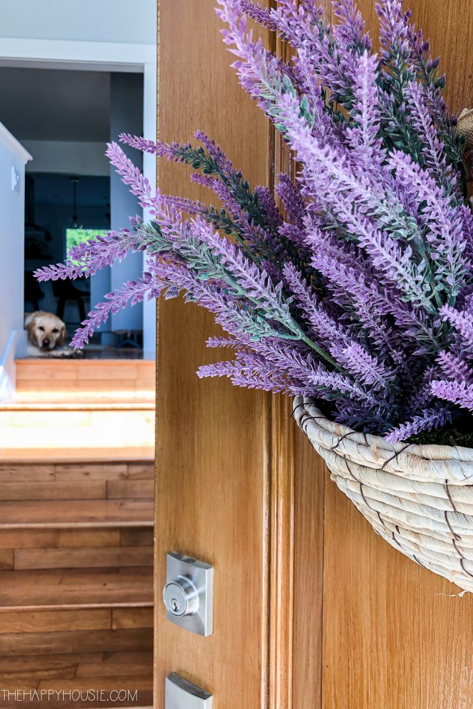 Dollar Store Door Decor Lavender Stuffed Basket | The Happy Housie